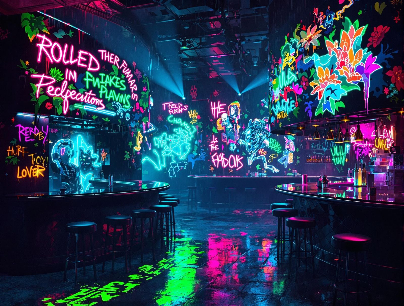 Cyberpunk neon themed nightclub. Jagged neon signs bleed onto slick ...
