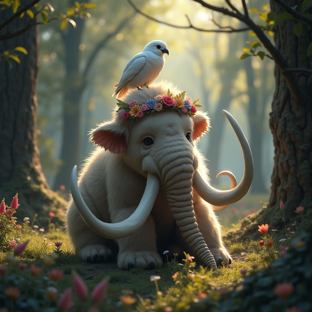 Majestic Wooly Mammoth Calf in Enchanted Forest - AI Art