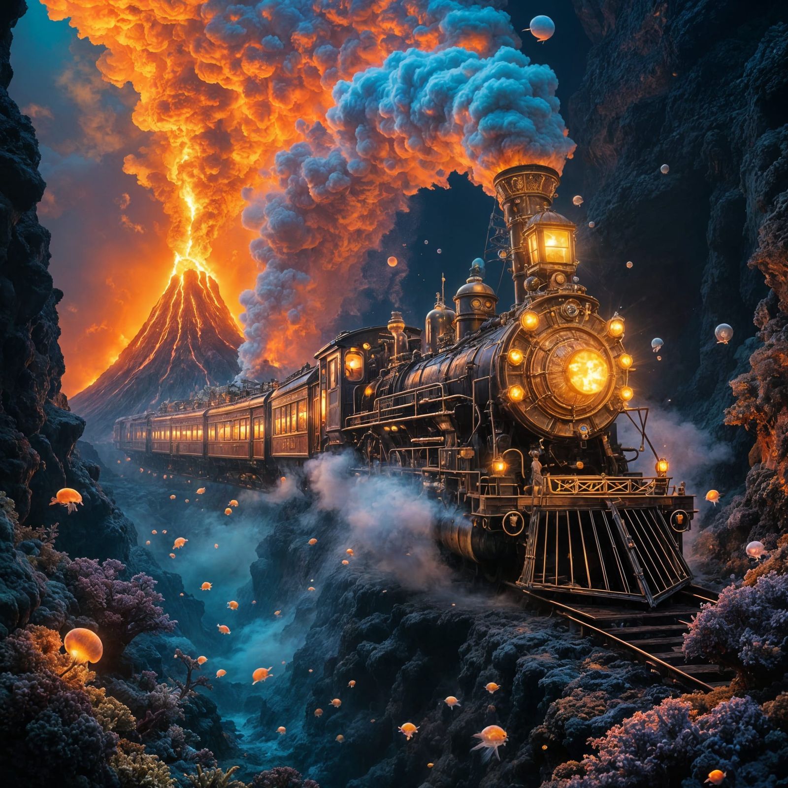 Underwater Steam Train and Volcanic Eruption