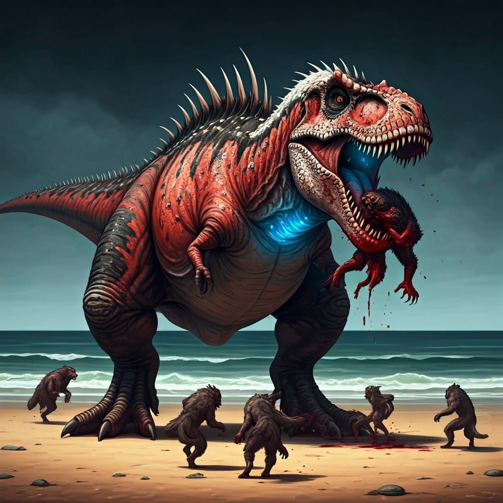 Ferocious Gothic T-Rex Battles Werewolves on Blood... - AI Art