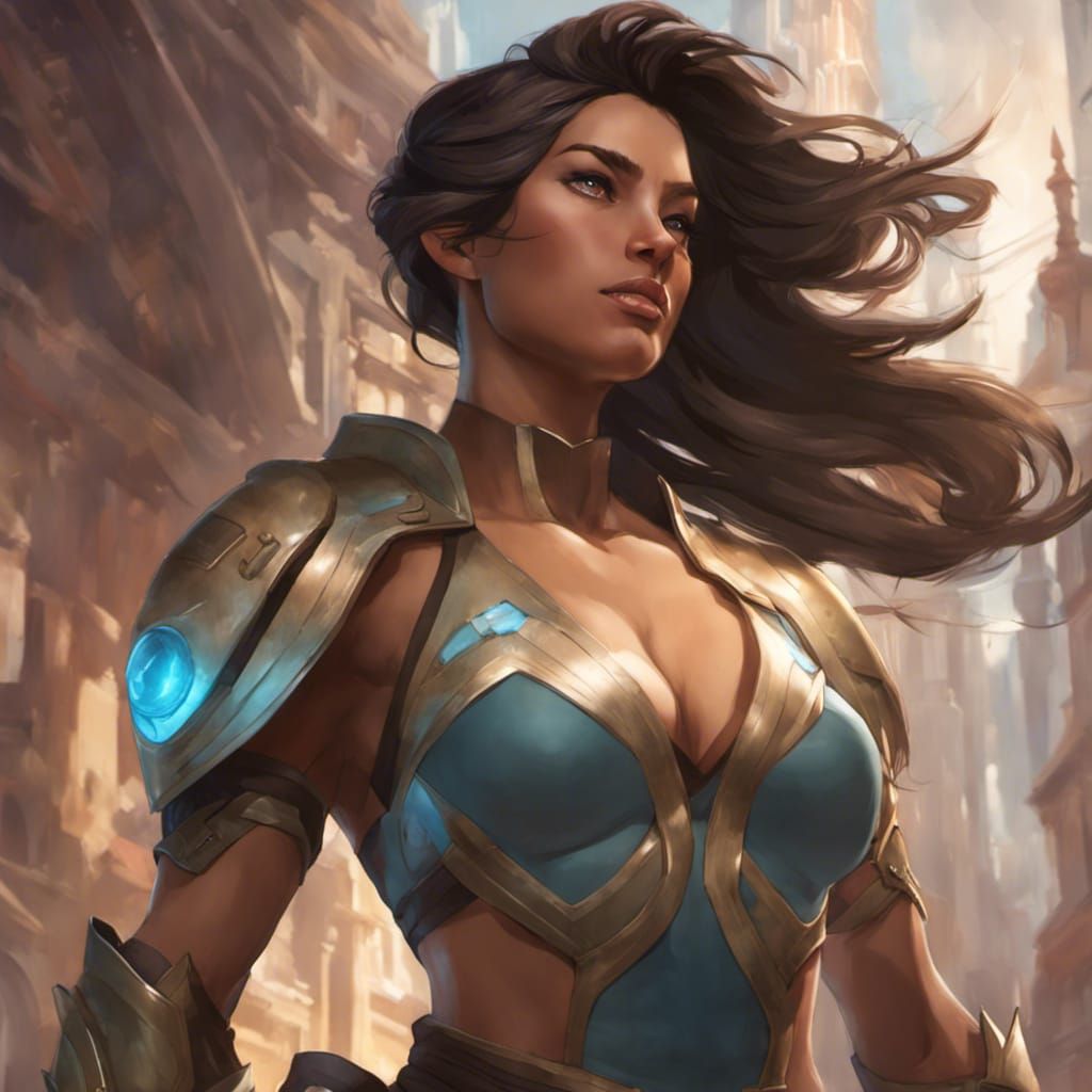 Beautiful muscular Avatar Korra, wearing tight bodice that shows off her bosom, toned stomach ...