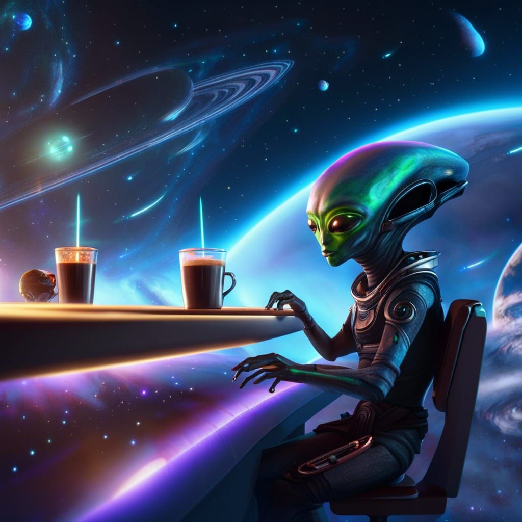 An alien sits at a bar sipping coffee while spaceships fly in the ...