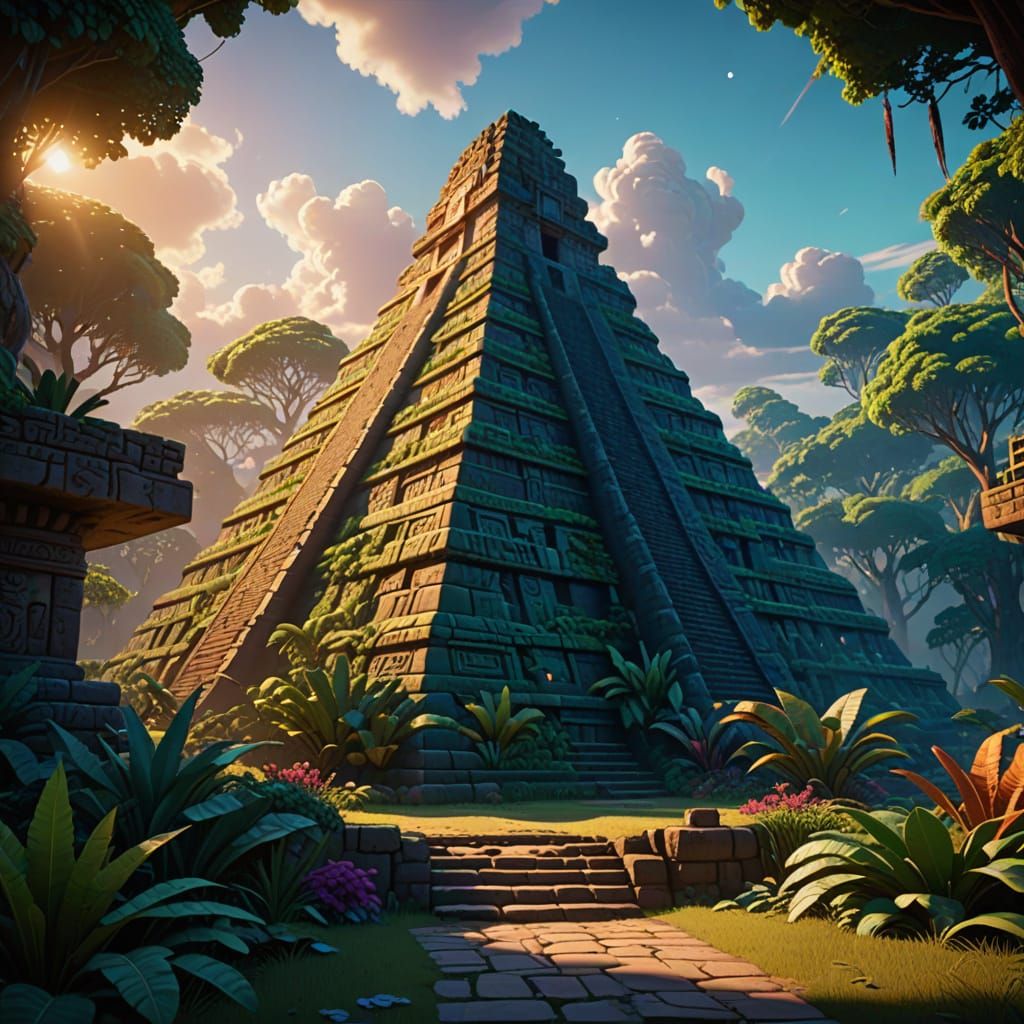 Ethereal Mayan-Aztec Pyramid in Vibrant Jungle - AI Art