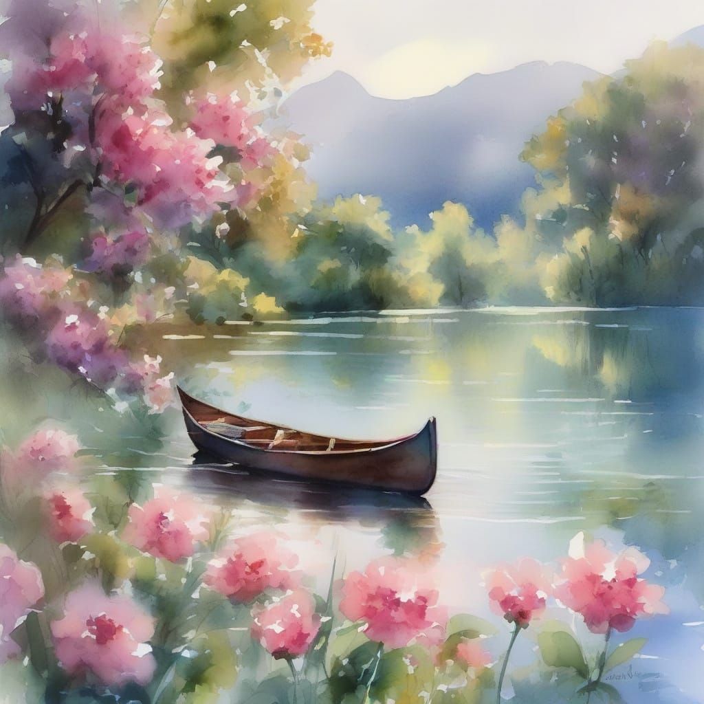 The lake - Romantic Watercolor Lake Scene in Impressionist ...