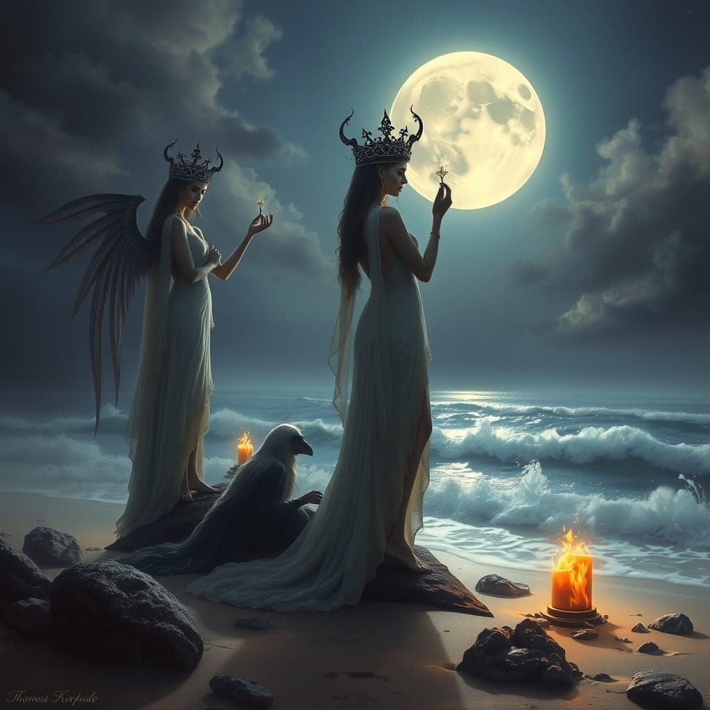 Ethereal Triple Goddess Ritual Under a Full Moonli... - AI Art