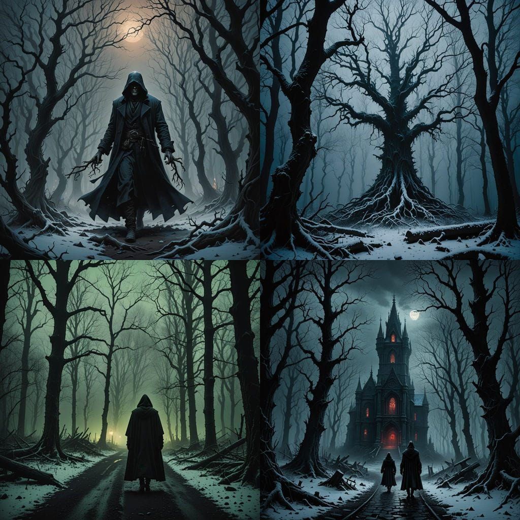 Dark Gothic Forest Landscape in Shadowy Fog - AI Art