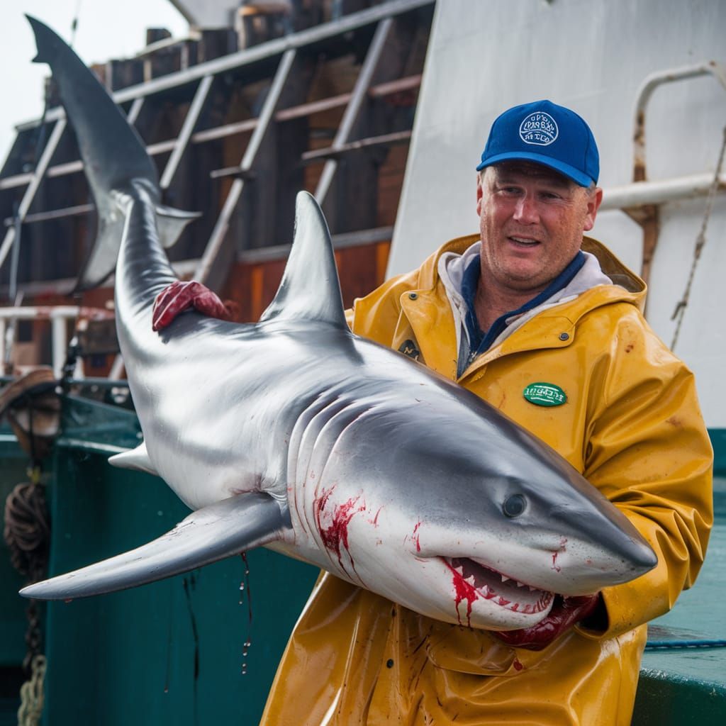 Fisherman Holds Alive White Shark on Ship Deck - AI Art