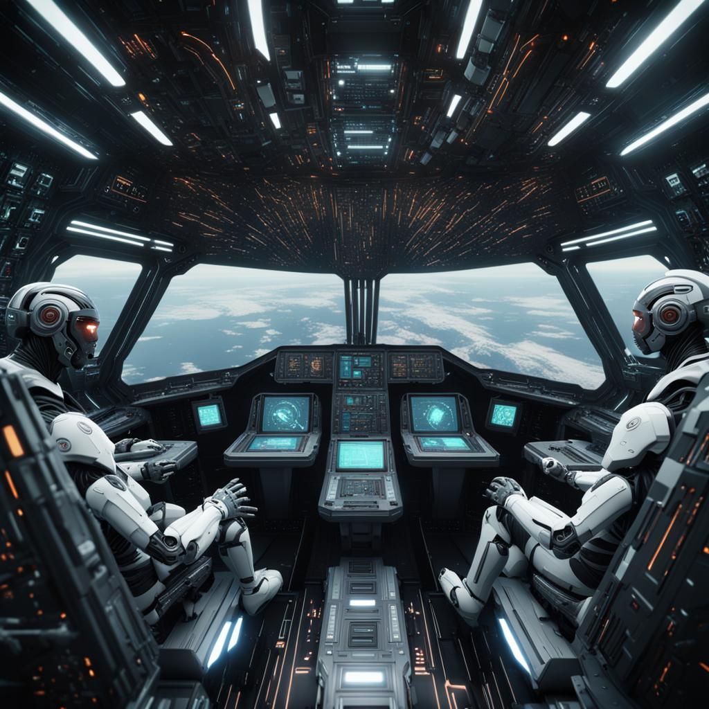 very detailed, 4 K cinematic quaility view of cyborg robotic pilots in ...