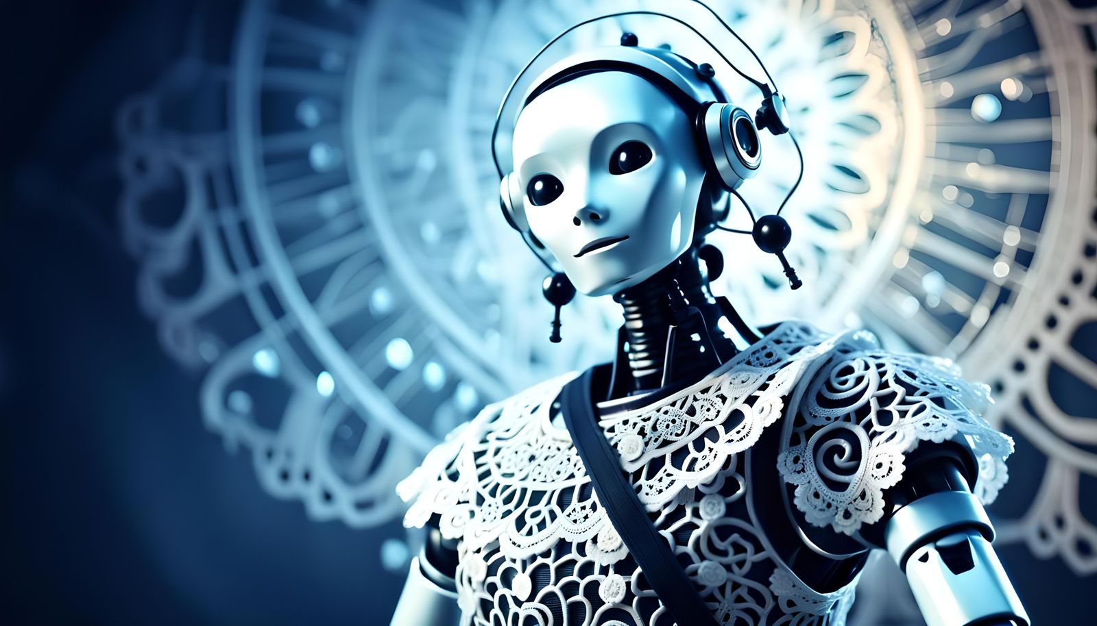 A cute robot dressed in lace filigree and taffeta dancing backlit by ...