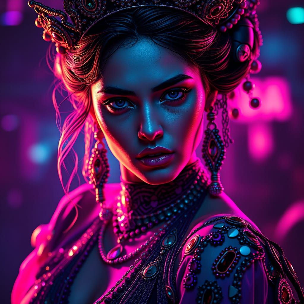 Enigmatic Dancing Queen in Neon-Noir Style - AI Art