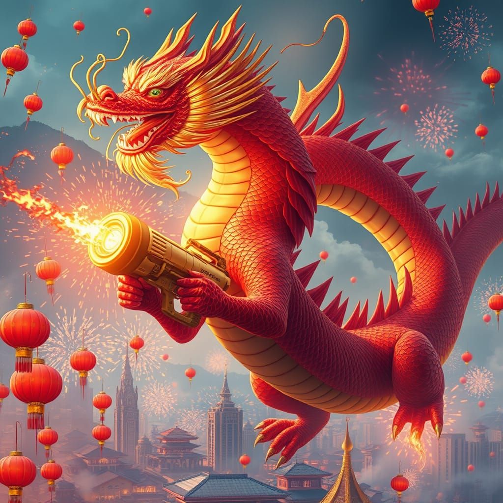 Celestial Fire Dragon Blesses City with Fireworks - AI Art