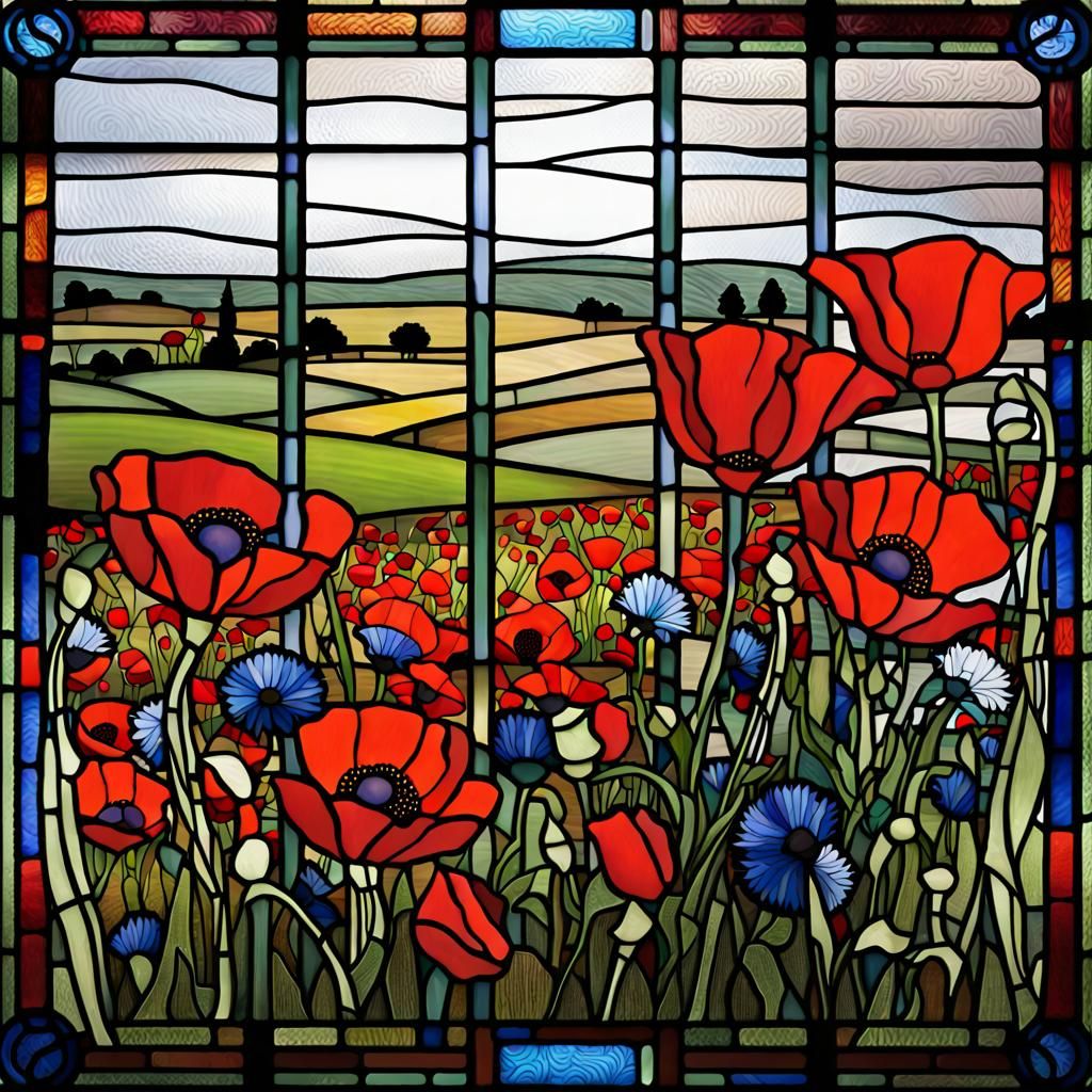 Field, poppies, cornflowers, stained glass - AI Generated Artwork ...