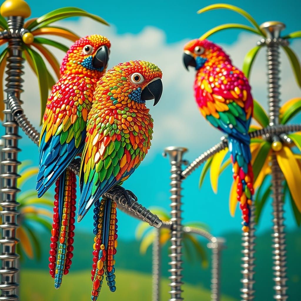 Vibrant Beaded Parrots Perch on Neon Nail Trees in... - AI Art