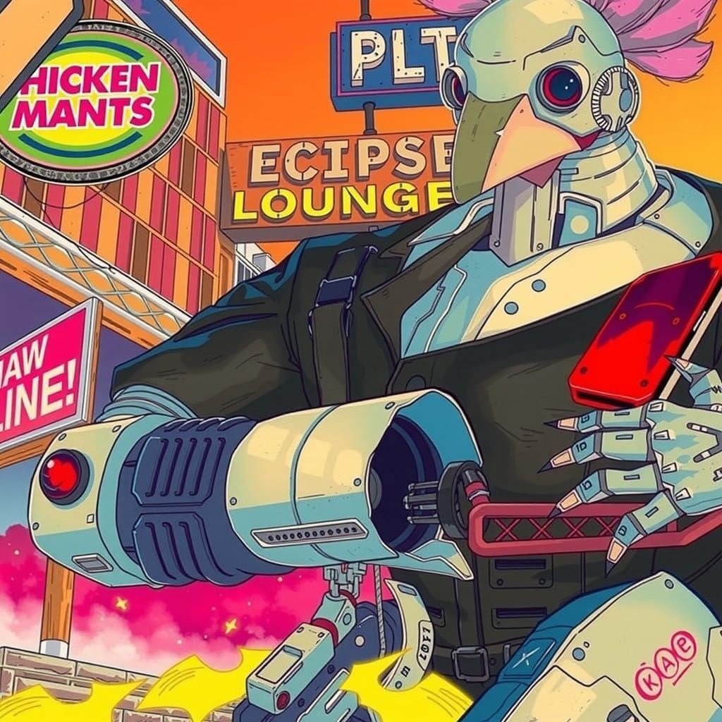 Muscle-Bound Chicken Robot Guard in Futuristic Noi... - AI Art