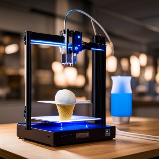 3D printer printing an icecream with a blue light, over a wooden table ...