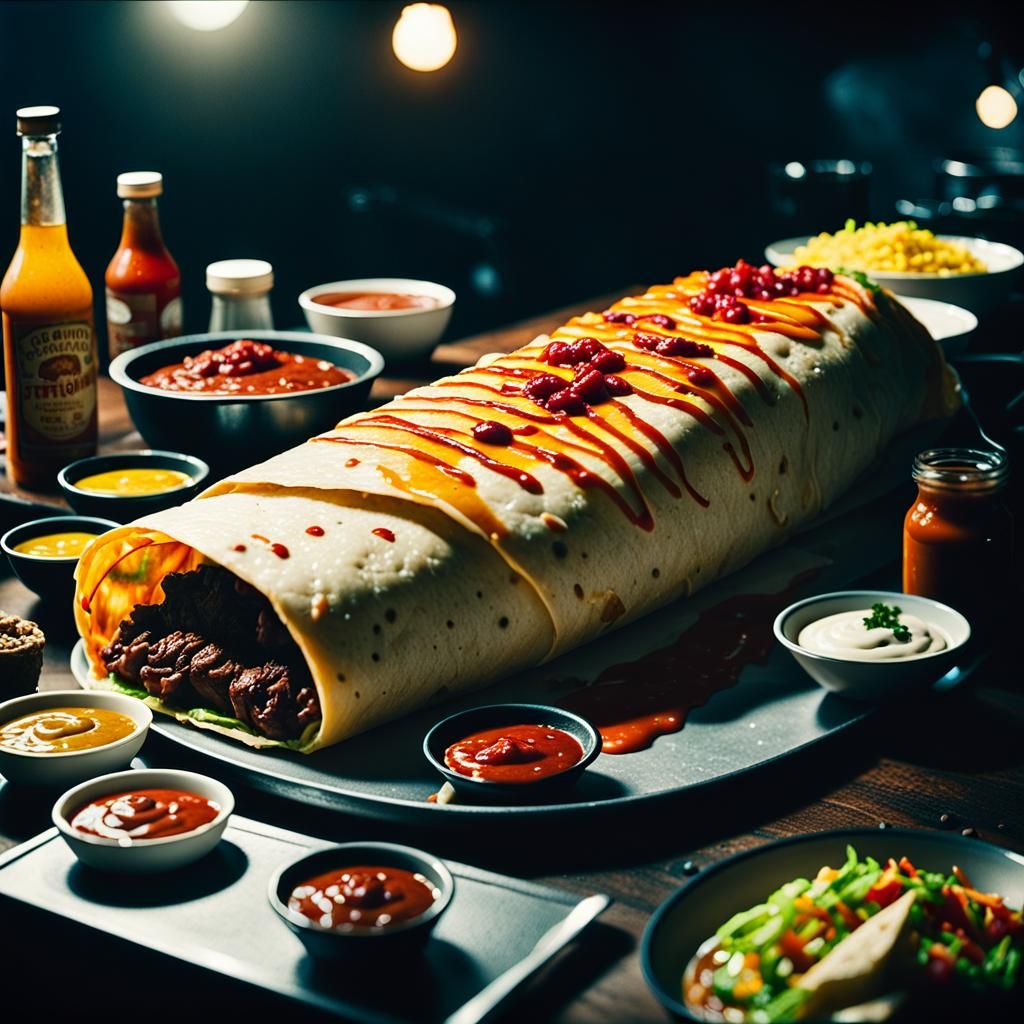 a giant burrito with all kinds of sauces and meats in it, it looks ...