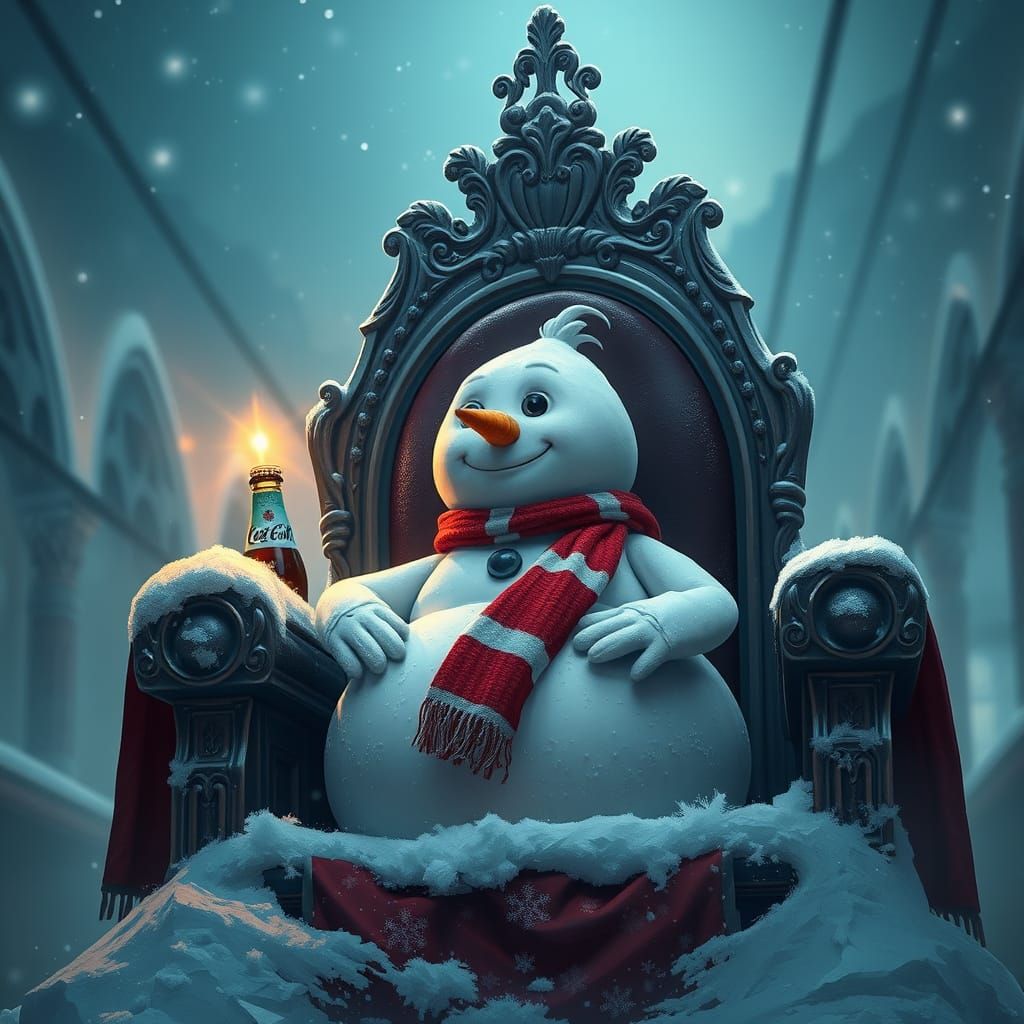 Snowman King Sits Regally with Coca Cola on Throne... - AI Art