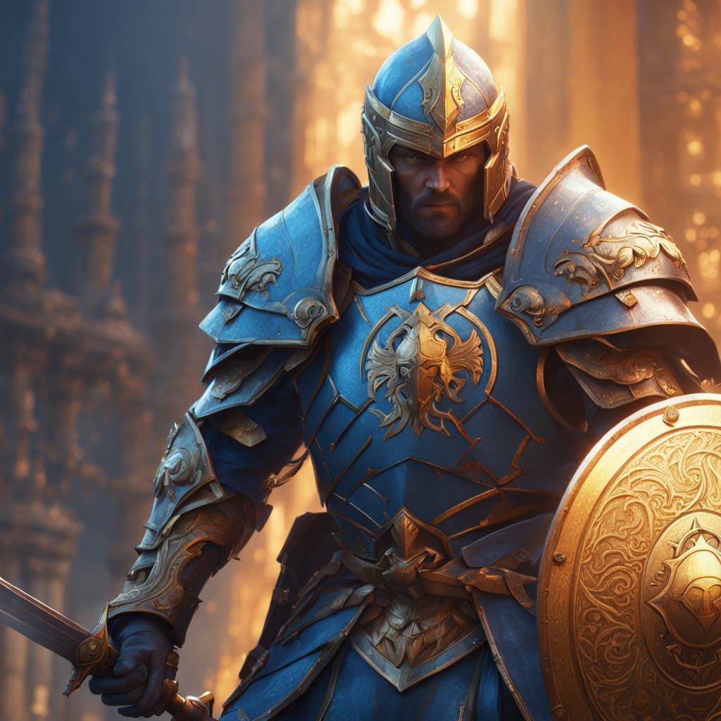 Regal Paladin in Blue Armor with Sword and Shield - AI Art