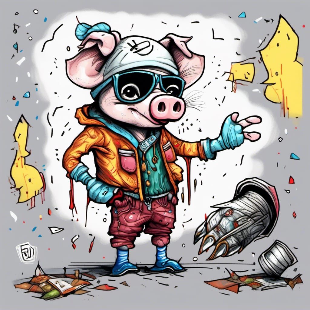 a colorful cartoon pig wearing a toque: poorly drawn hands, disfigured ...