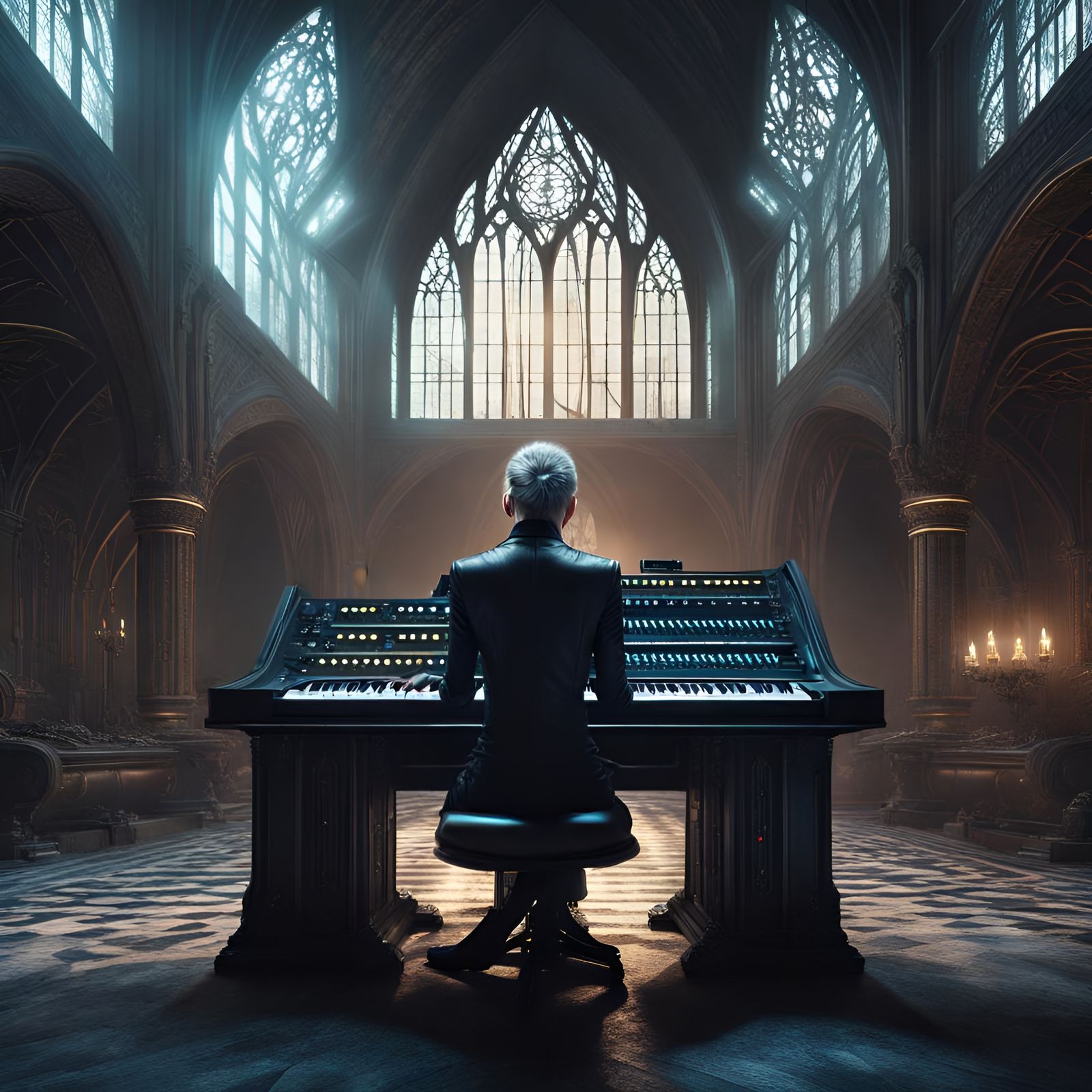 Zheka Koshmar sitting in the gothic hall and playing a futuristic ...