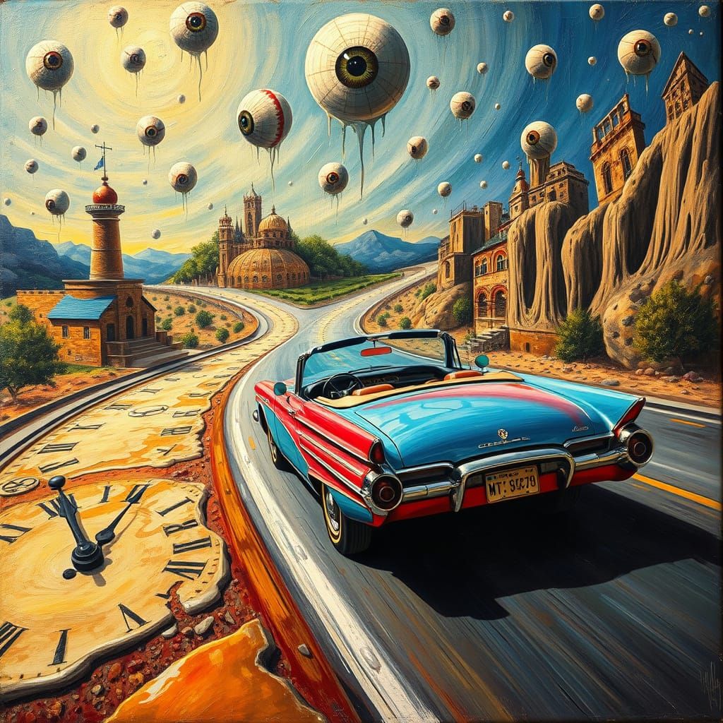 Surreal Car Journey in Dreamlike Landscape - AI Art