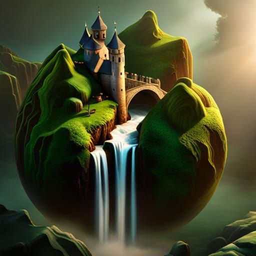 surreal castle on floating orb covered in vibes with waterfall, by ...