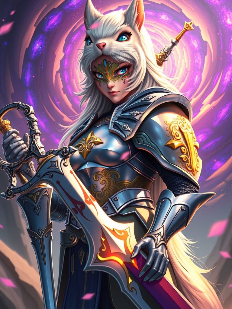 Silver-haired squirrel-woman paladin stands poised, serene intensity ...
