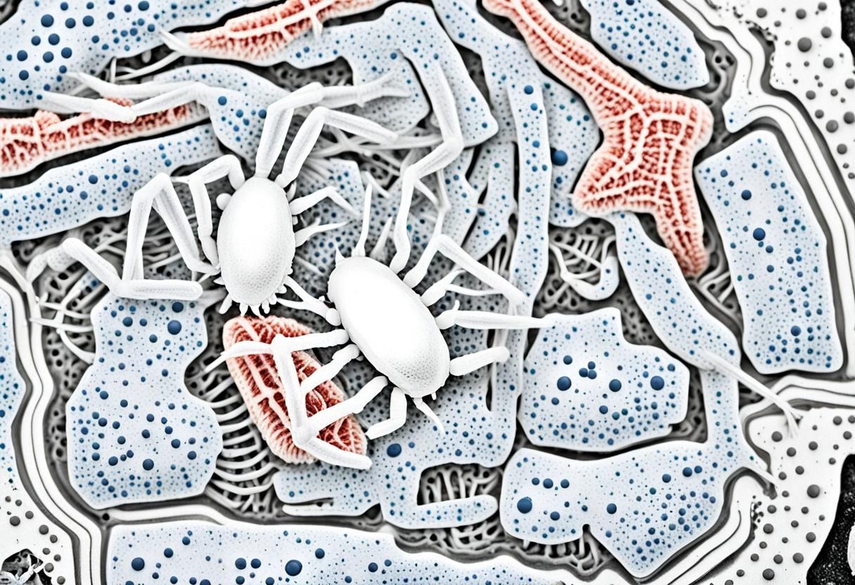 A tiny mite observed through an electron-microscope with loads of eight ...