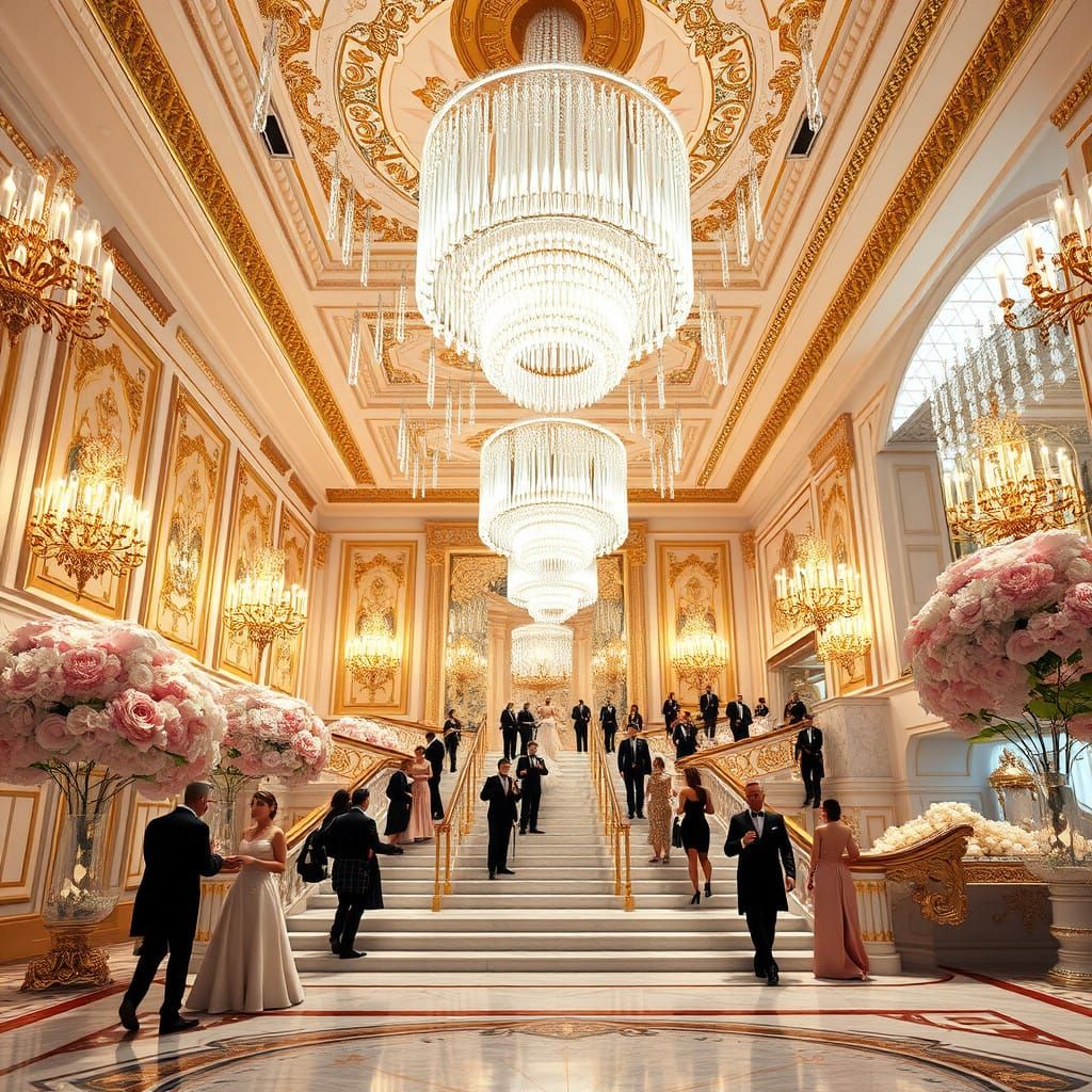 A luxurious banquet hall with grand staircase