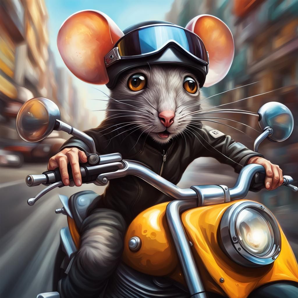 Mouse riding a racing motorcycle around a busy street, wearing a helmet ...