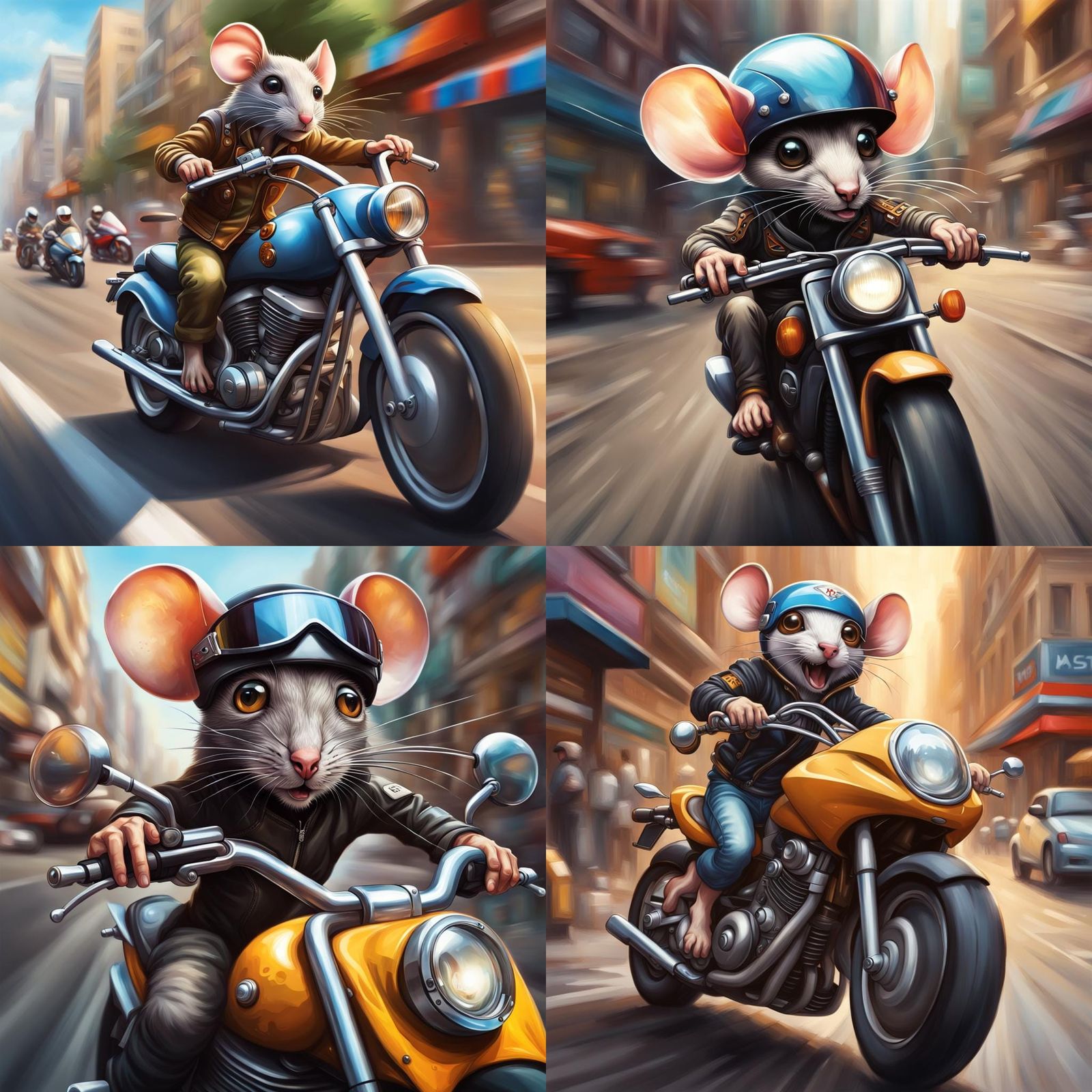 Mouse riding a racing motorcycle around a busy street, wearing a helmet ...
