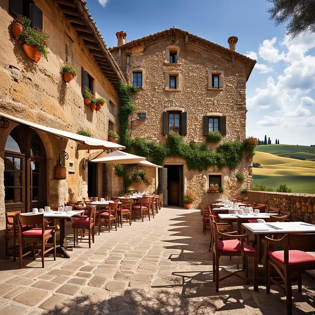 Capture a photograph of a rustic countryside restaurant situated on a ...