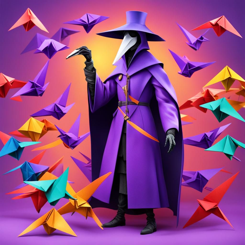 Plague Doctor in a purple outfit surrounded by colorful origami cranes ...