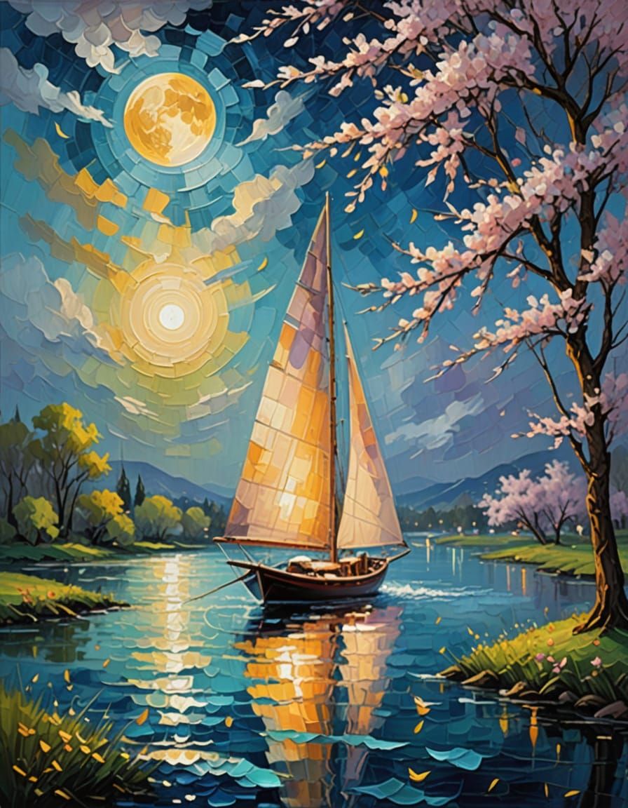 (fantasy aesthetic:1.8) small catamaran, its sails made of woven moonlight and enchanted rose ...