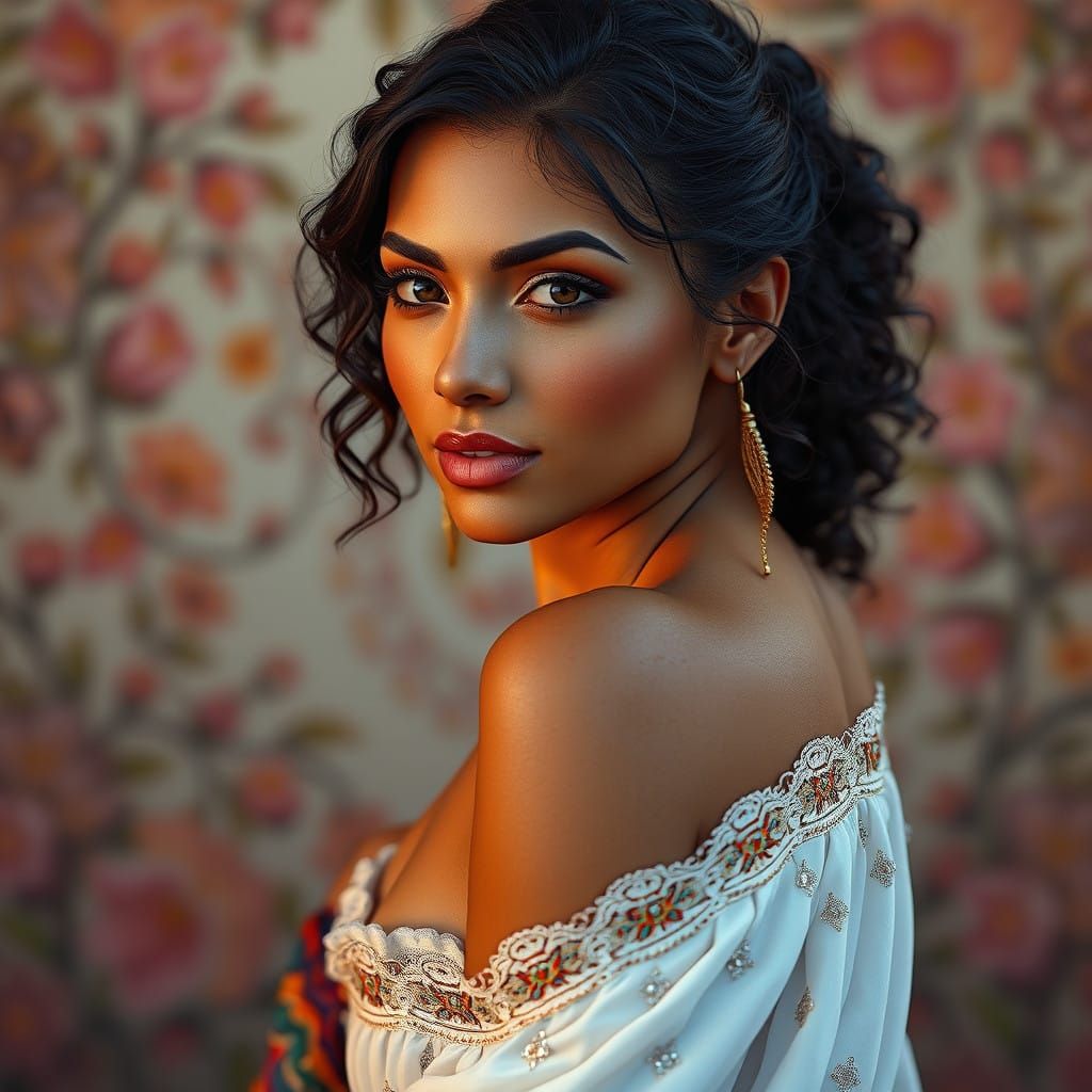 A beautiful and realistic woman. Tanned skin. Flushed cheeks. Charming ...