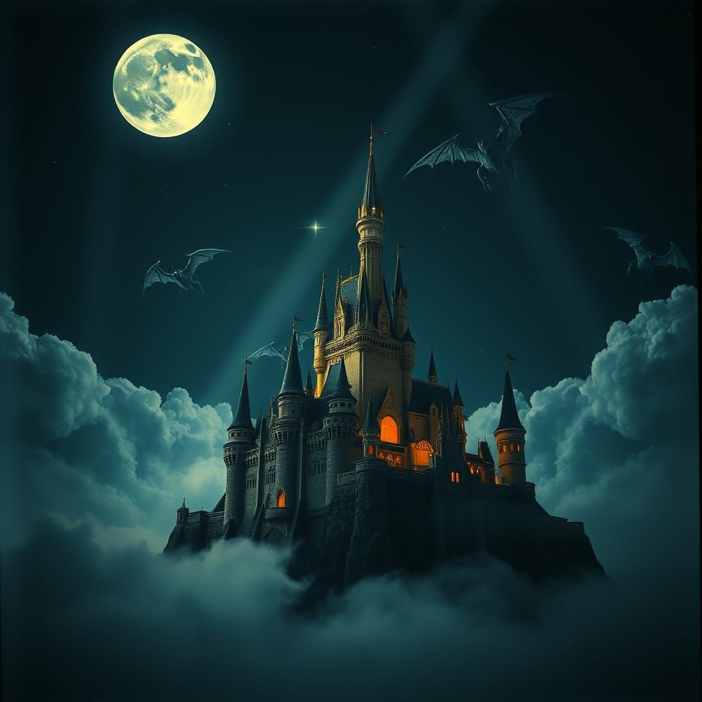Ethereal Castle Soars in Cinematic Night Sky - AI Art