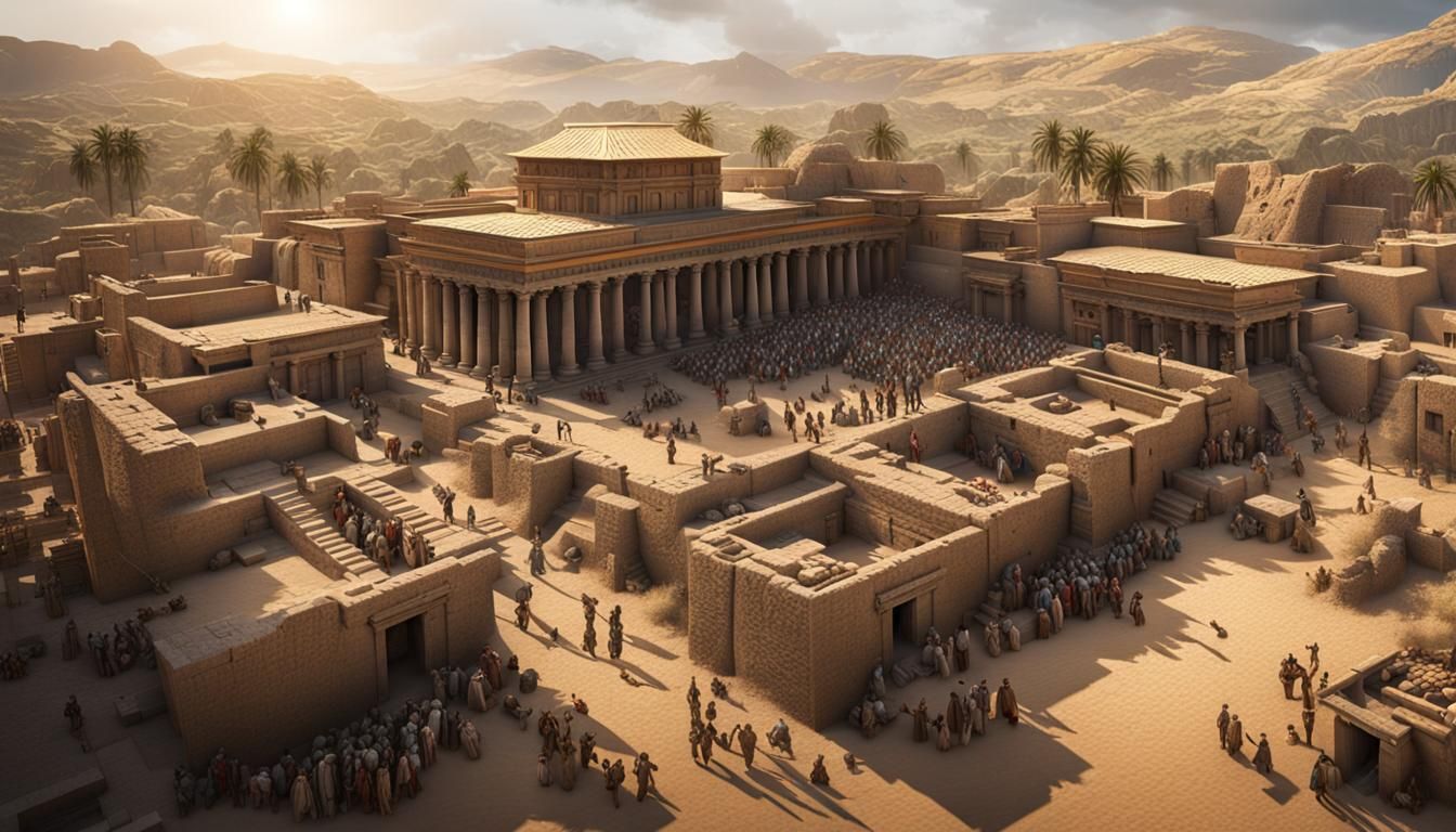 ancient mesopotamian village, spartans crowd an ancient temple, dramatic lighting, cgsociety ...
