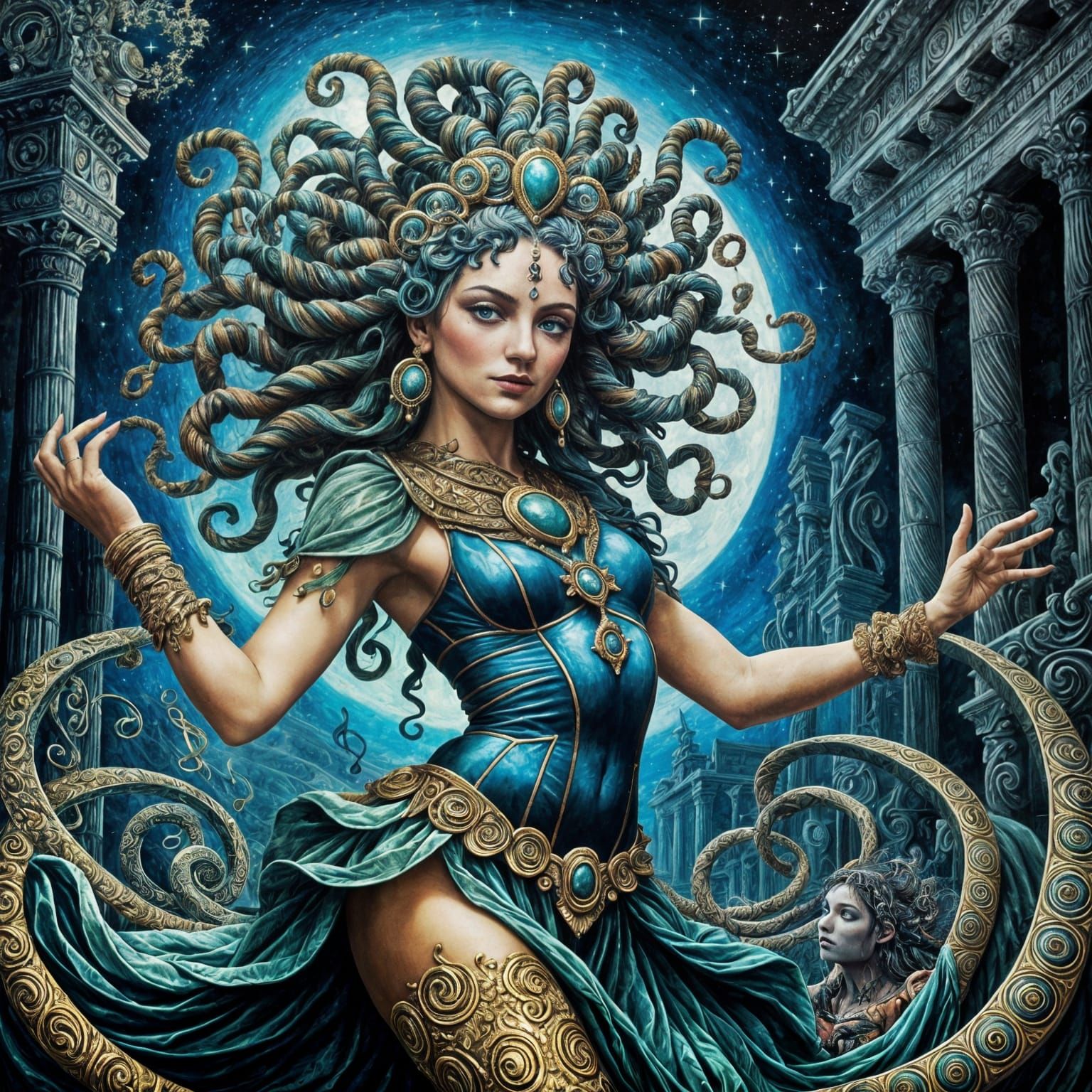 🌒 VENETIAN Harlequin Medusa DANCING, Deep Patina Acropolis, COLORFUL ...