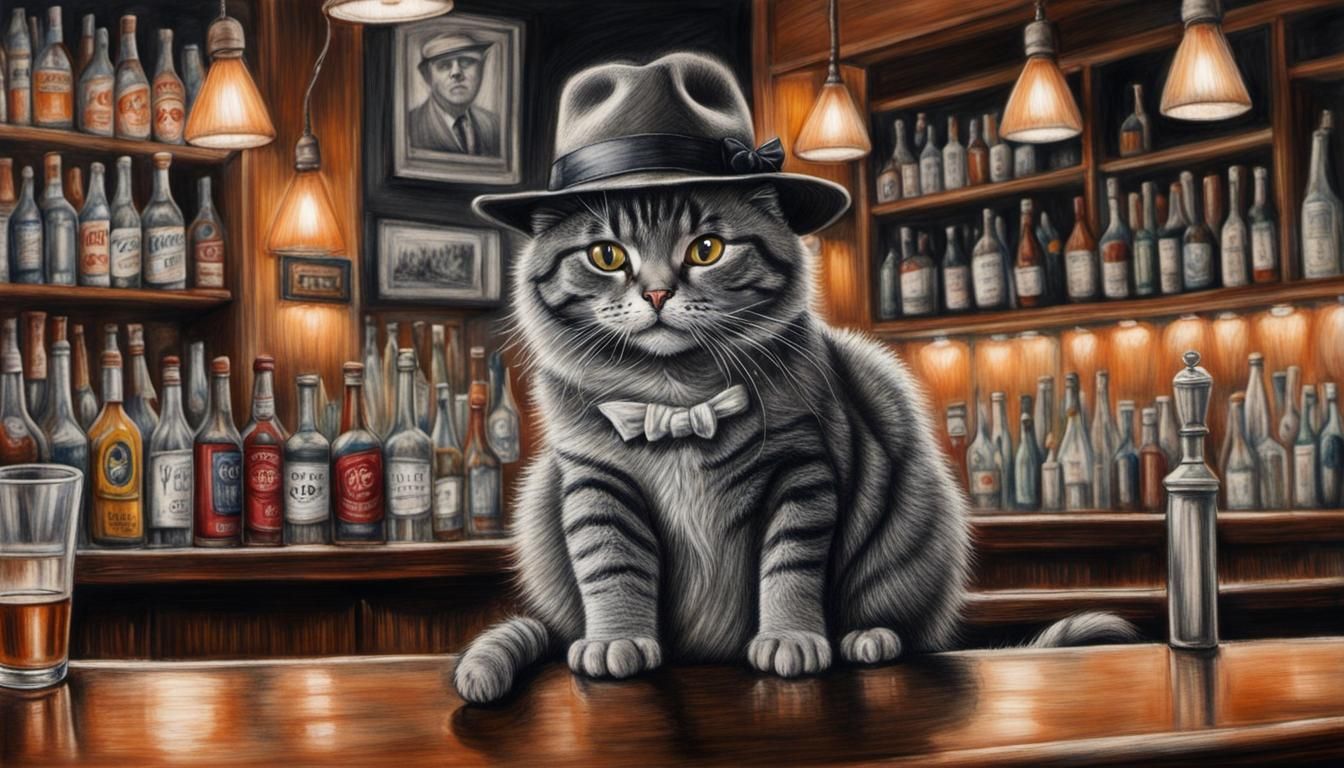 Cat wearing a fedora on the bar - AI Generated Artwork - NightCafe Creator