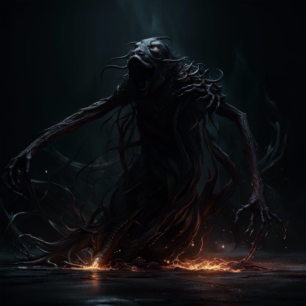 pitch black figure with long arms dragging across the floor - AI ...