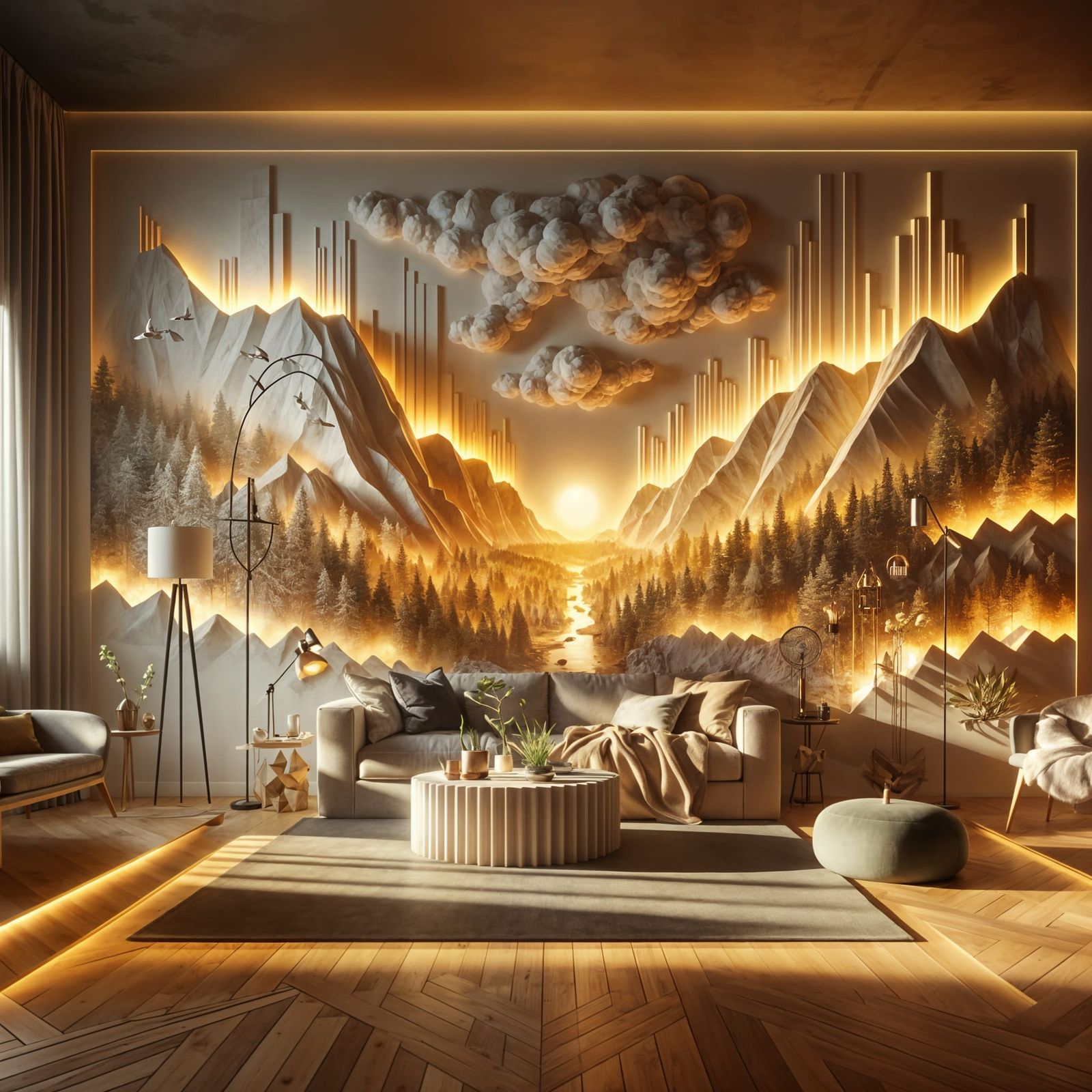 Immersive Wall Art - Cozy Scandinavian Living Room Scene wit...