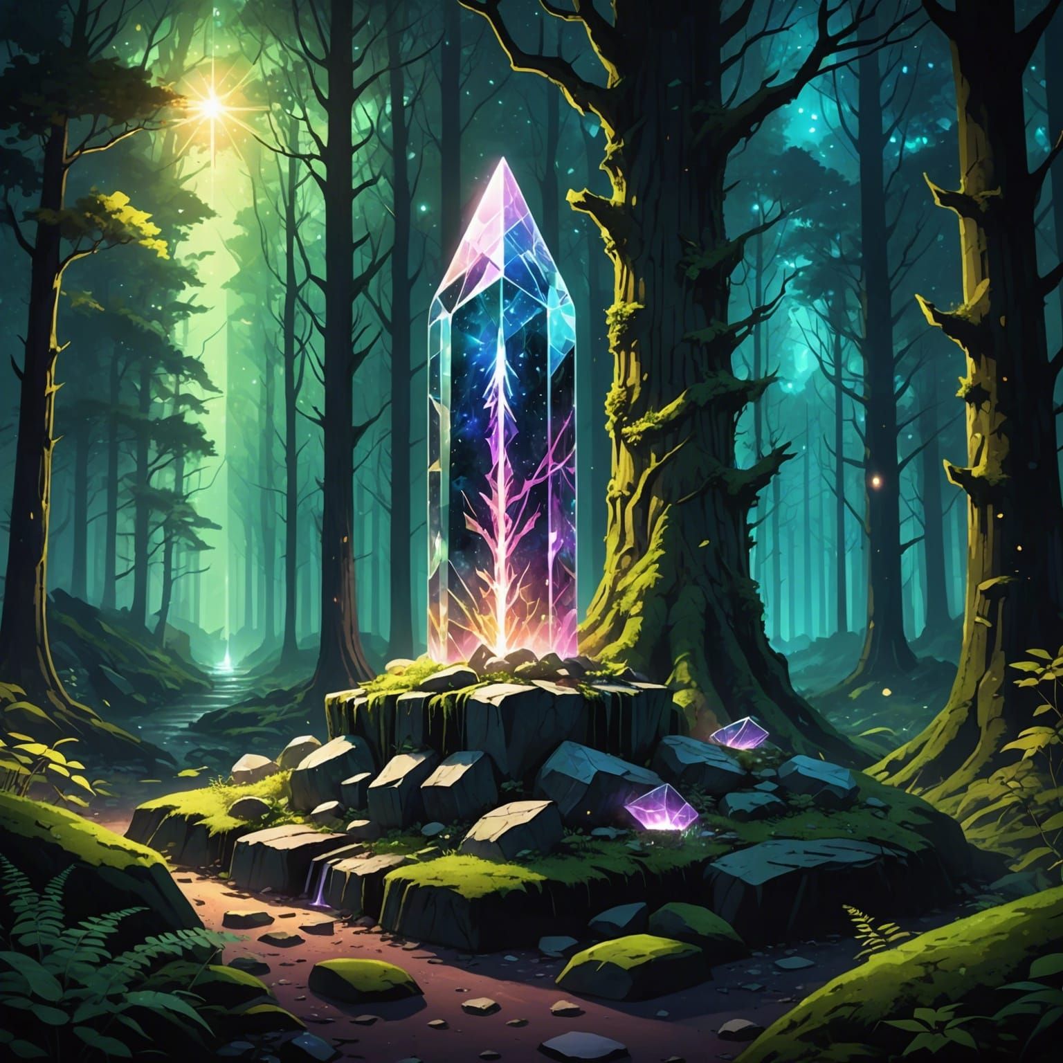 Crystal prism monument in a forest. - AI Generated Artwork - NightCafe Creator