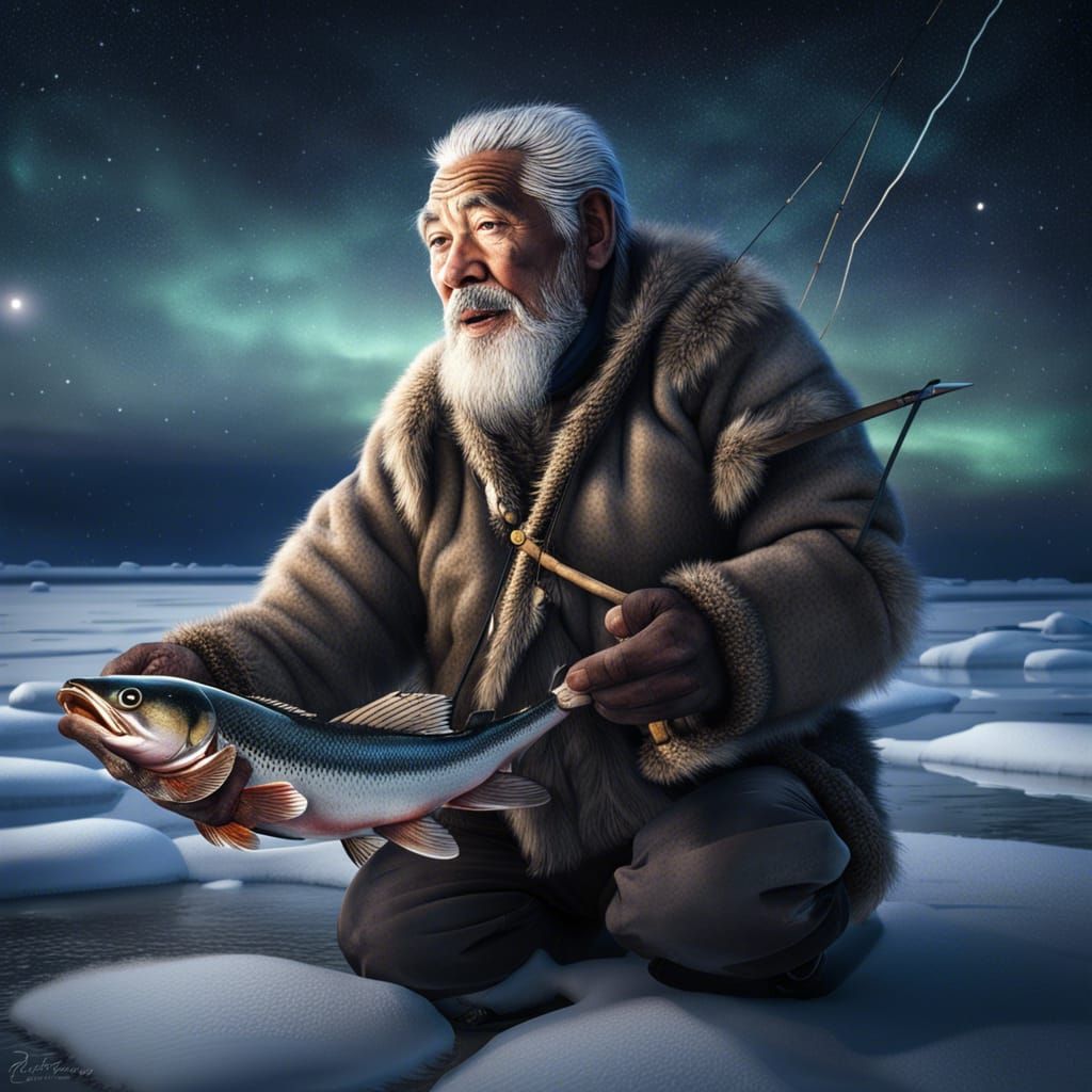 inuit old man grab a fish caught from a frozen river - AI Generated ...