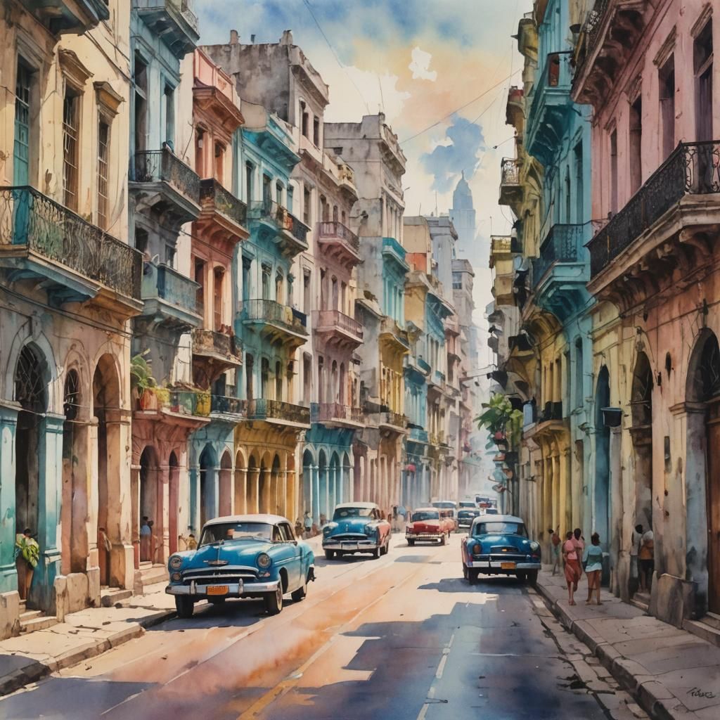 A captivating watercolor painting of the vibrant streets of Havana ...