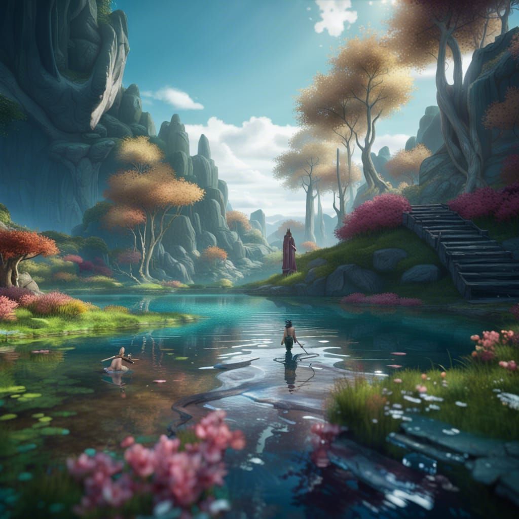 Fantasy serene landscape, elf bathing in lake, a masterpiece, 8k ...