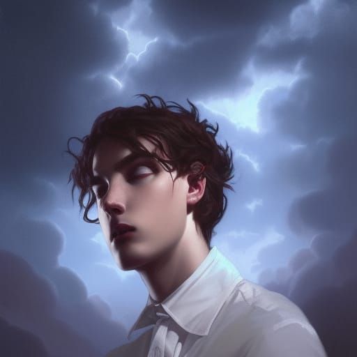 young man, sad, gothic, horror, soft lighting, elegant, blue and red ...