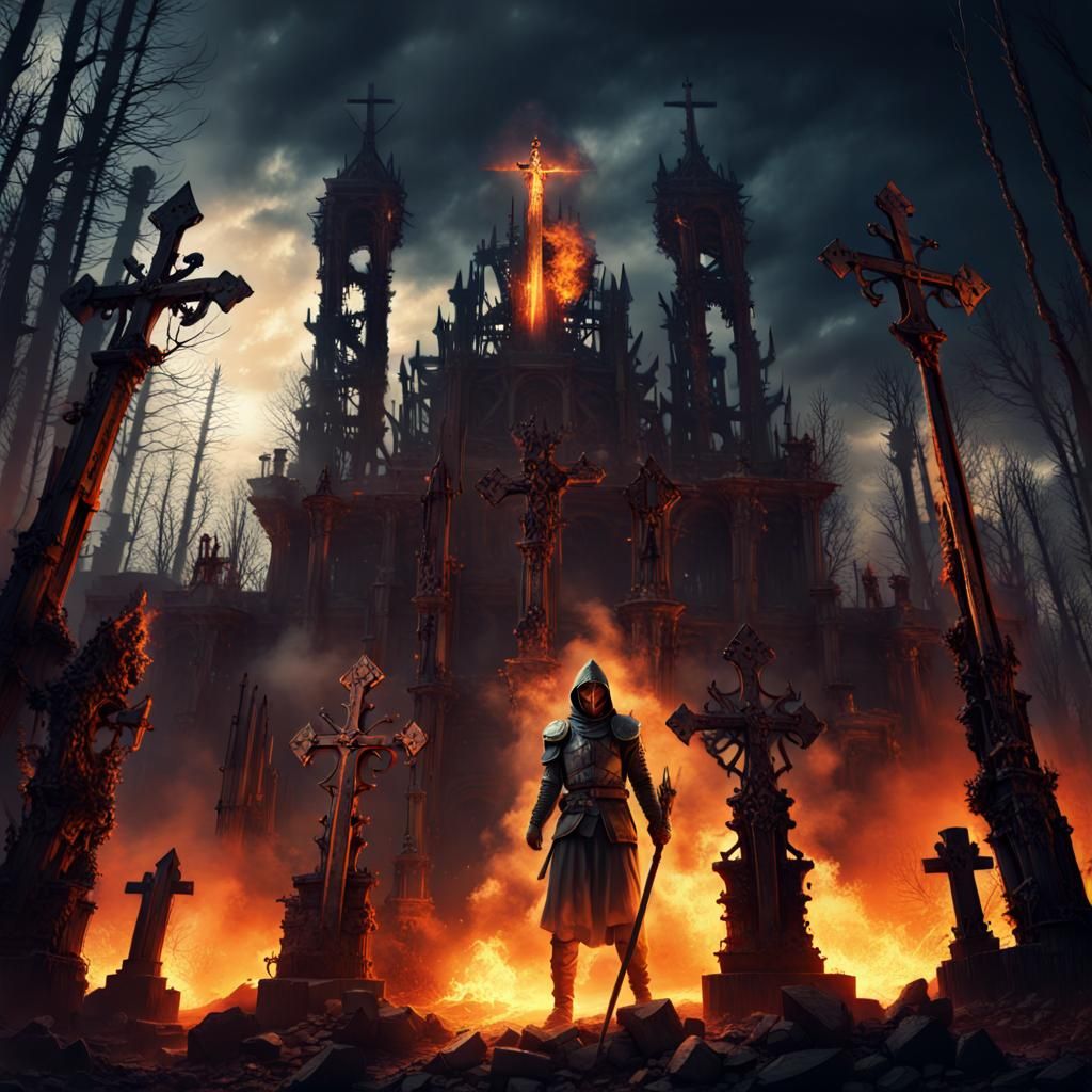 warrior in front of burning Ruins of a medieval castle, hill of crosses ...