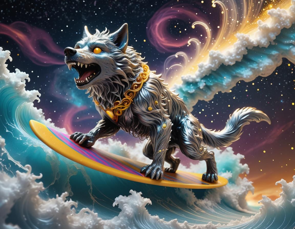 Surreal Cosmic Werewolf Surfer in Vibrant Glowing ... - AI Art