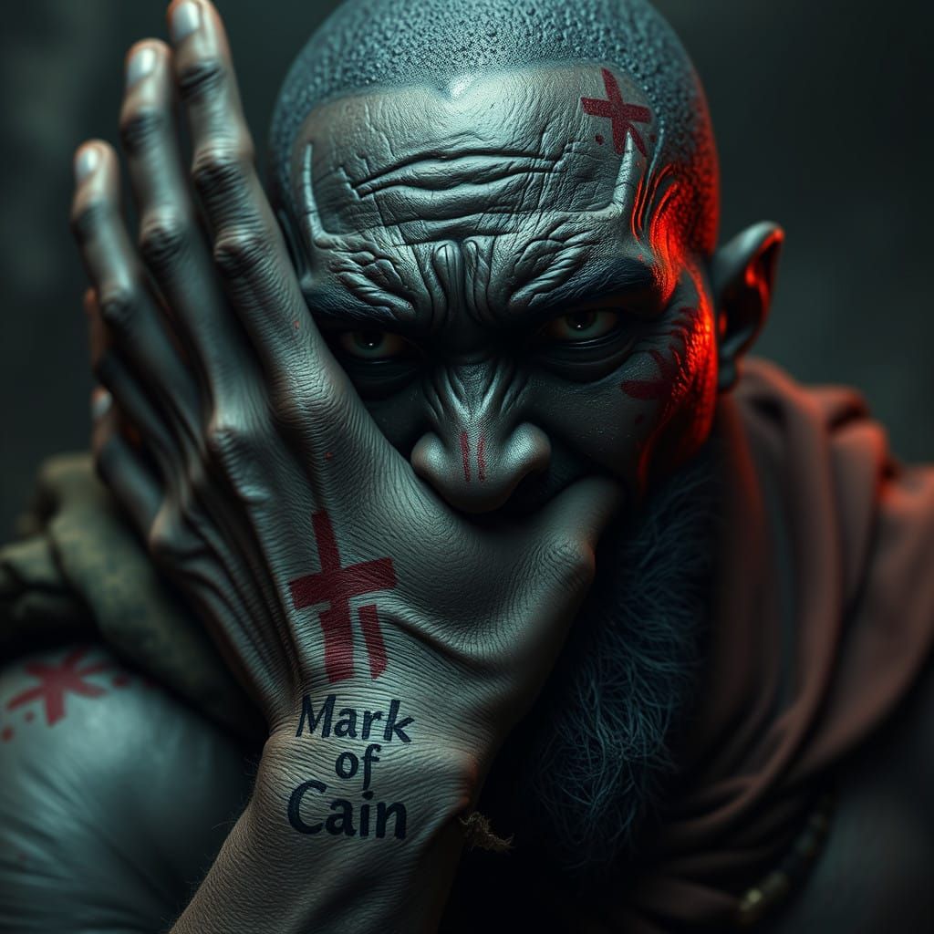 Scared Black Man with the Mark of Cain in Vivid Fa... - AI Art