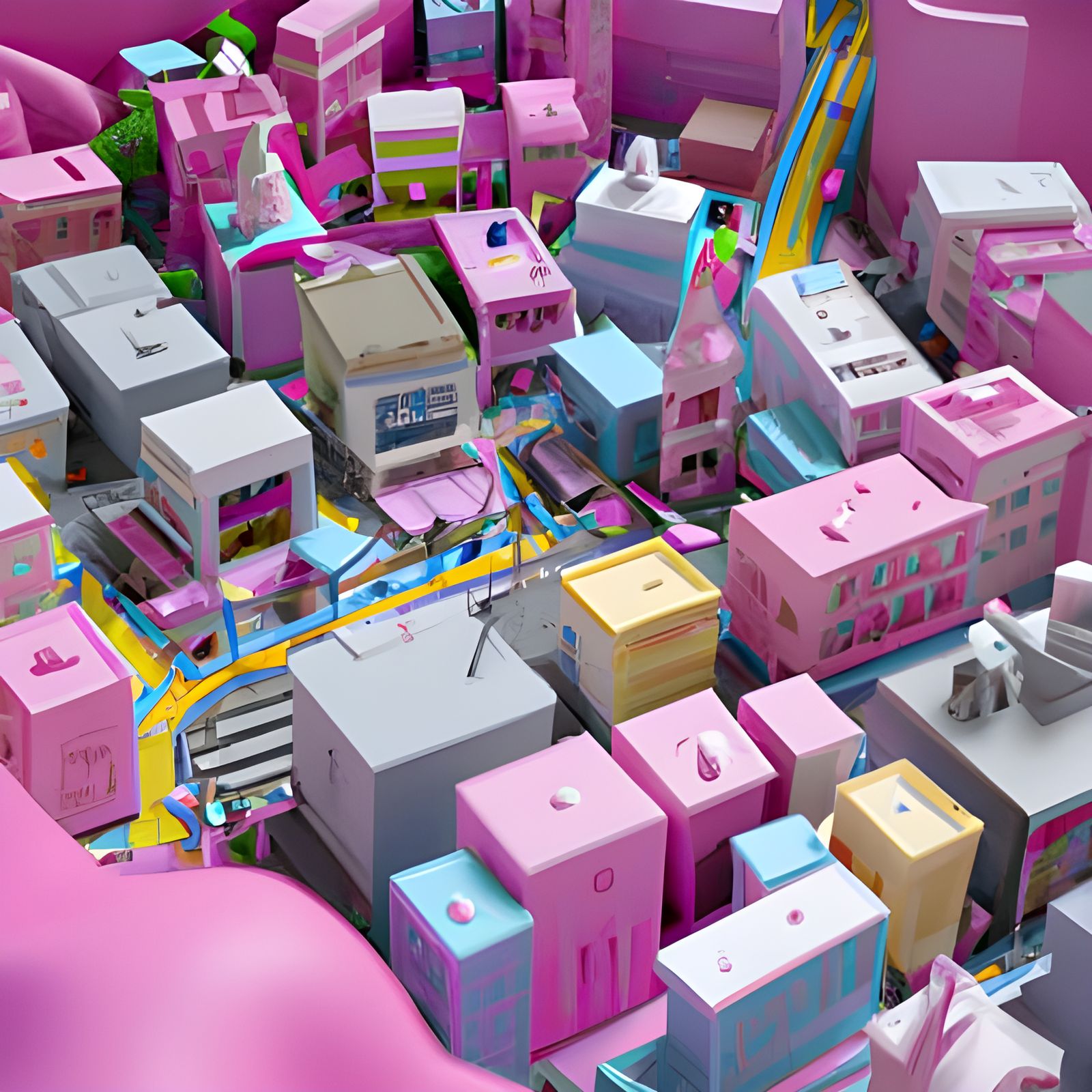 Small lego town on pink limbo, play, toys, in 3D glazed, optic ...